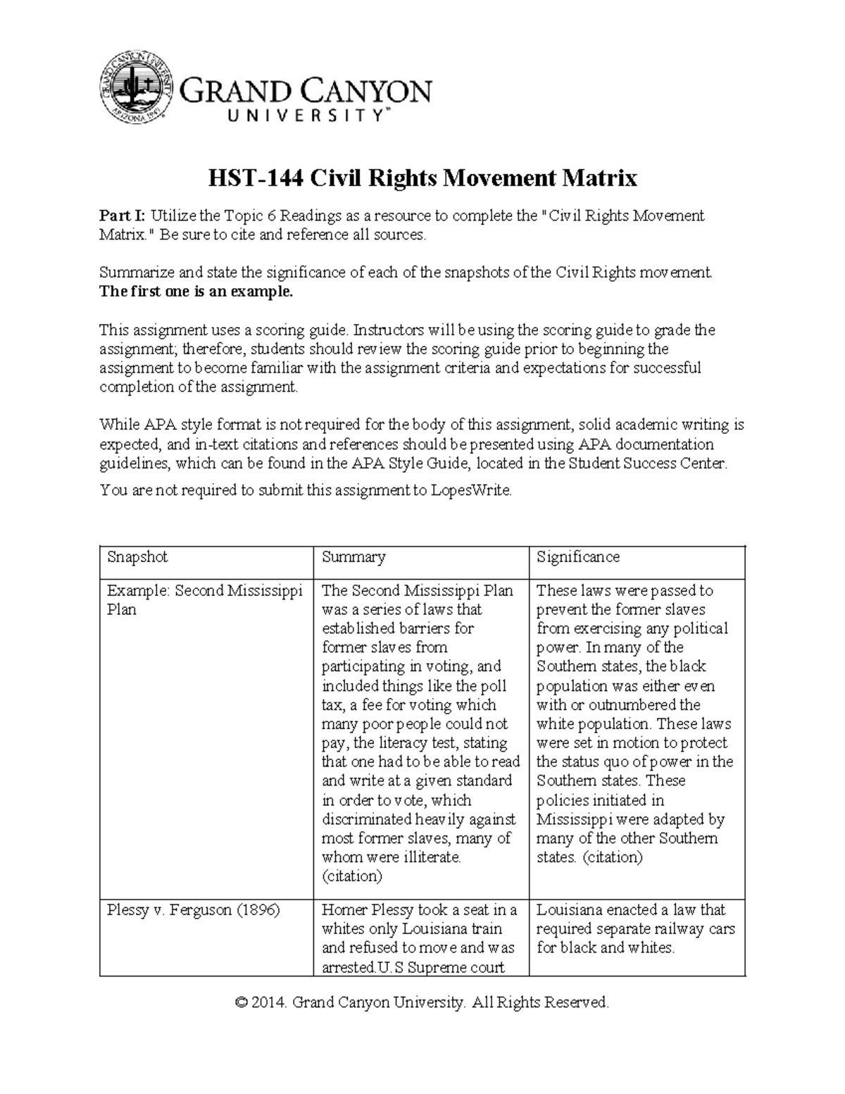HIS144 Civil Right Movement Matrix EF - HST-144 Civil Rights Movement ...