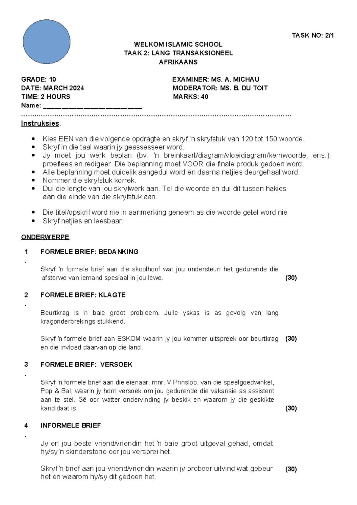 TAAK 2- LANG Transaksioneeel - TASK NO: 2/ WELKOM ISLAMIC SCHOOL TAAK 2 ...