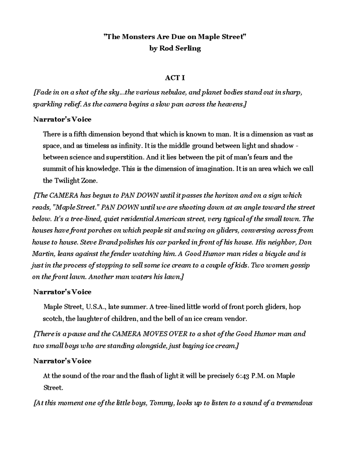 Monsters are Due on Maple Street Script - "The Monsters Are Due on ...