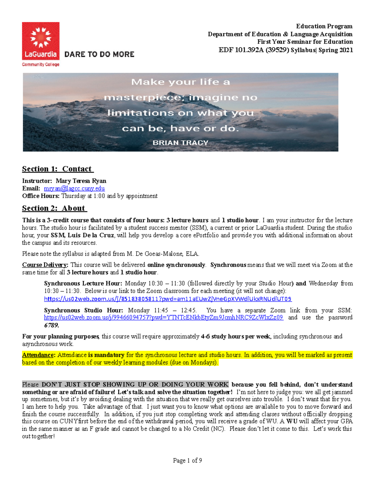 EDF101 Syllabus Spring 2021 MM.Ryan R - LMF 101 - LaGuardia - Studocu