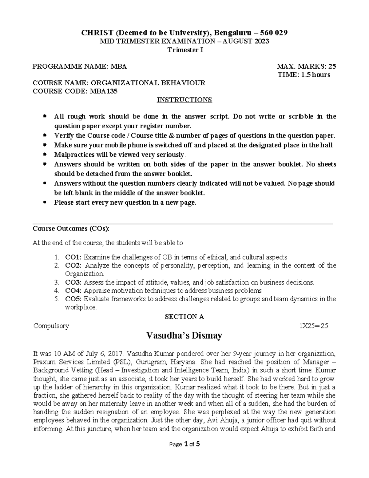 pevious year question papers - CHRIST (Deemed to be University ...