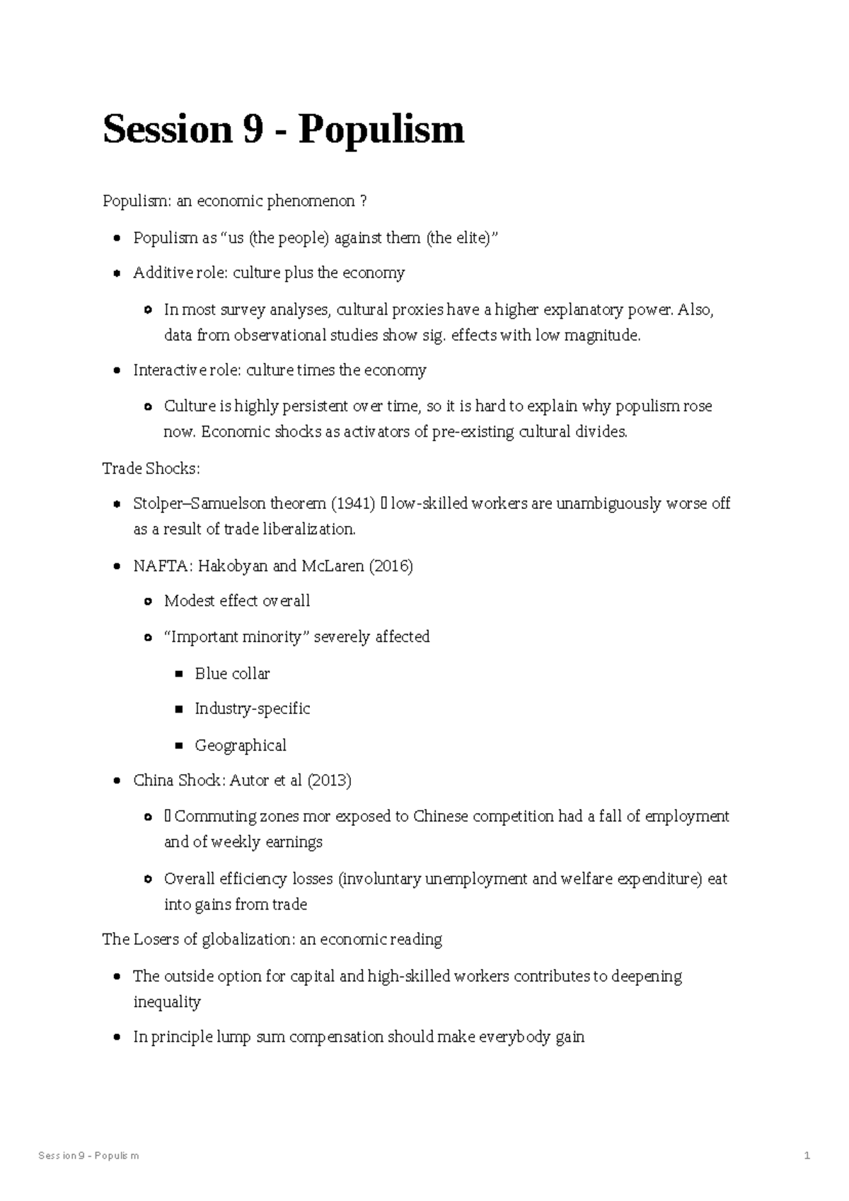 Session 9 - Populism - Session 9 - Populism Populism: an economic ...