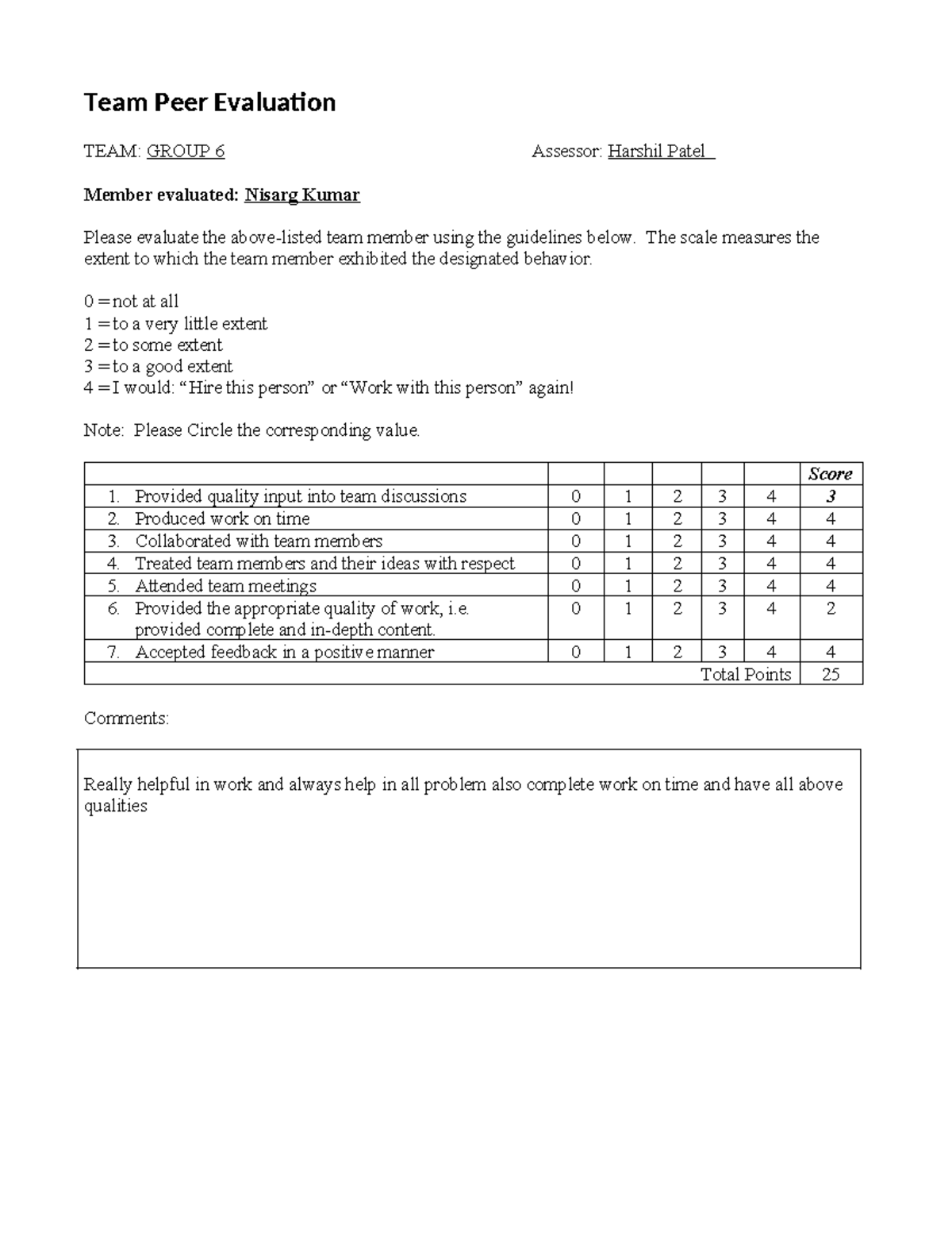 Peer-Evaluation harshil - Team Peer Evaluation TEAM: GROUP 6 Assessor ...