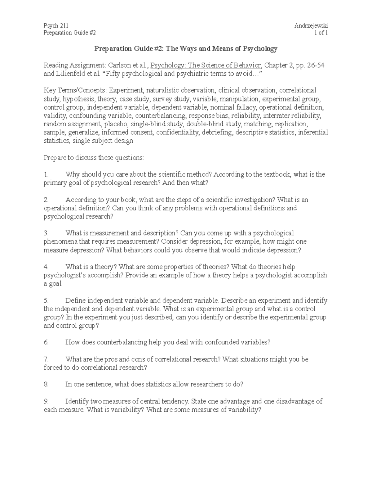 Preparation Guide 2 - Psych 211 Andrzejewski Preparation Guide #2 1 of ...