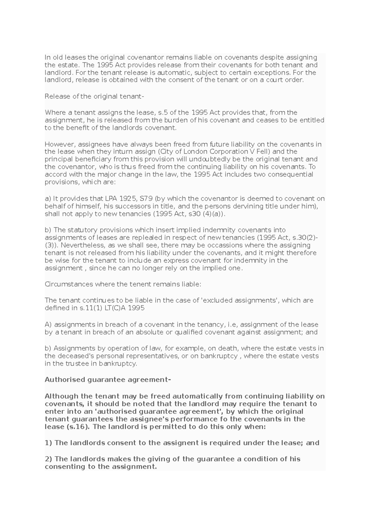 Land Law- Leasehold Covenants - In old leases the original covenantor ...