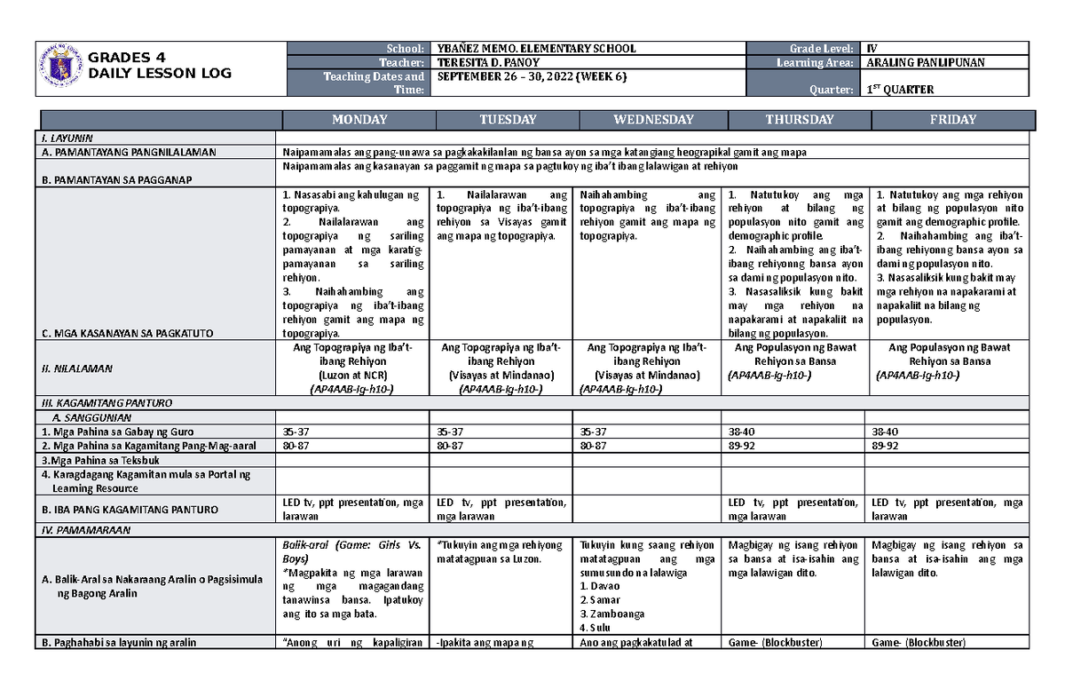 DLL Araling Panlipunan 4 Q1 W6 - GRADES 4 DAILY LESSON LOG School: YBAÑEZ MEMO. ELEMENTARY ...