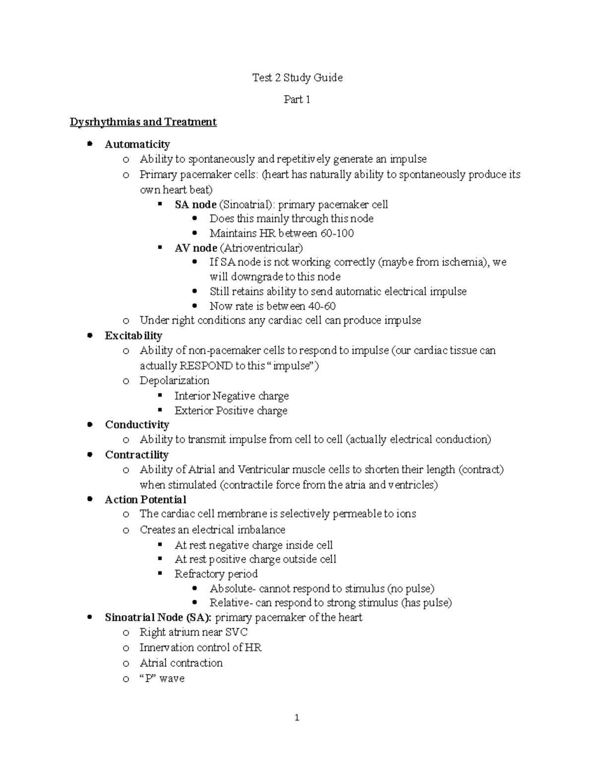 Test 2 Study Guide - Test 2 Study Guide Part 1 Dysrhythmias and ...
