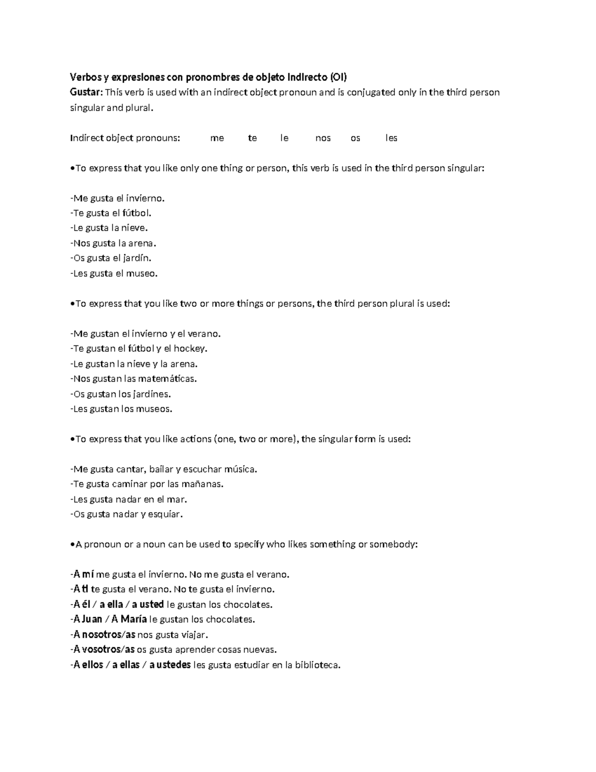 Verbo gustar - Verbos y expresiones con pronombres de objeto indirecto ...