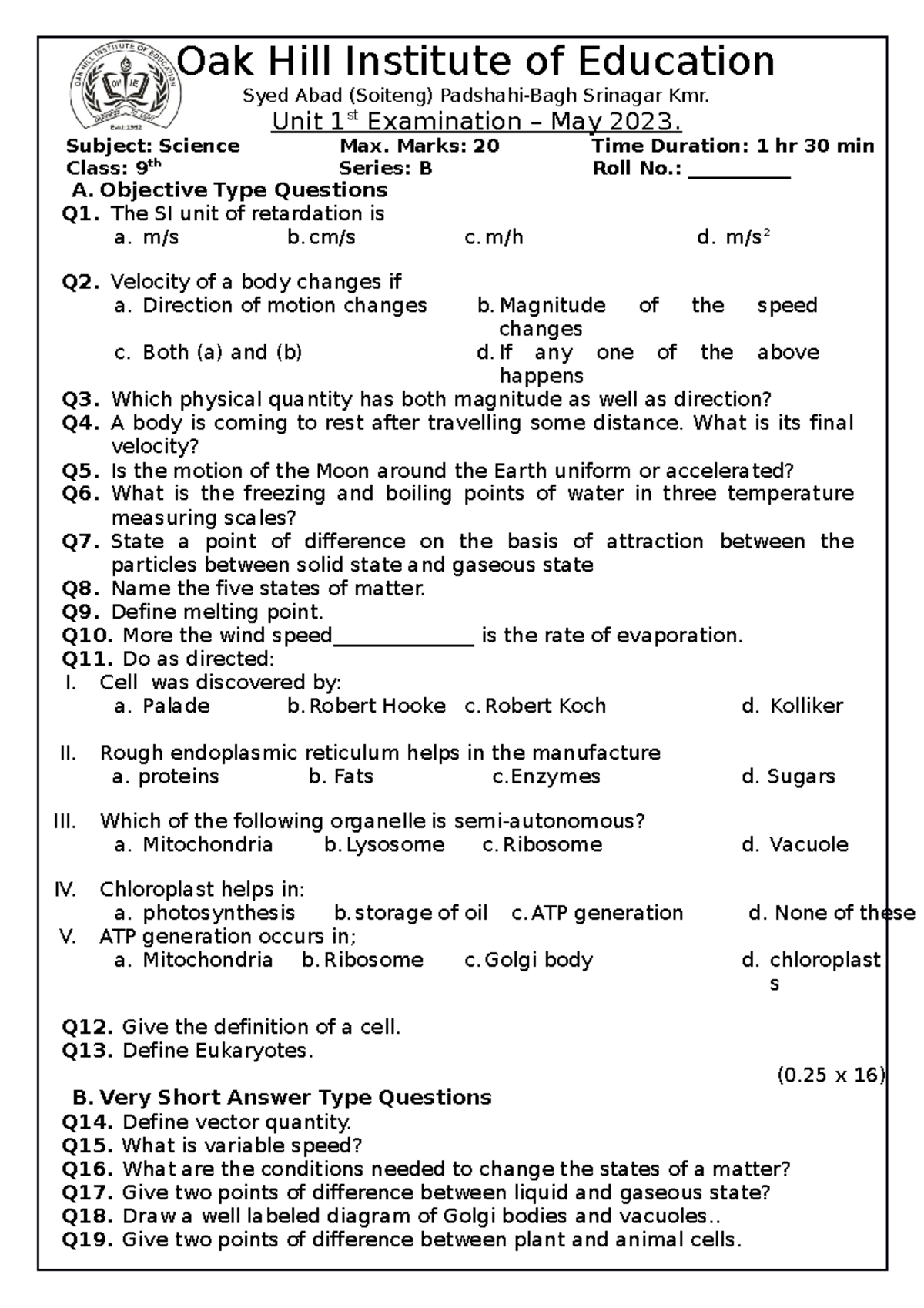 Class 9 series B U1 - exam related materials - Oak Hill Institute of ...