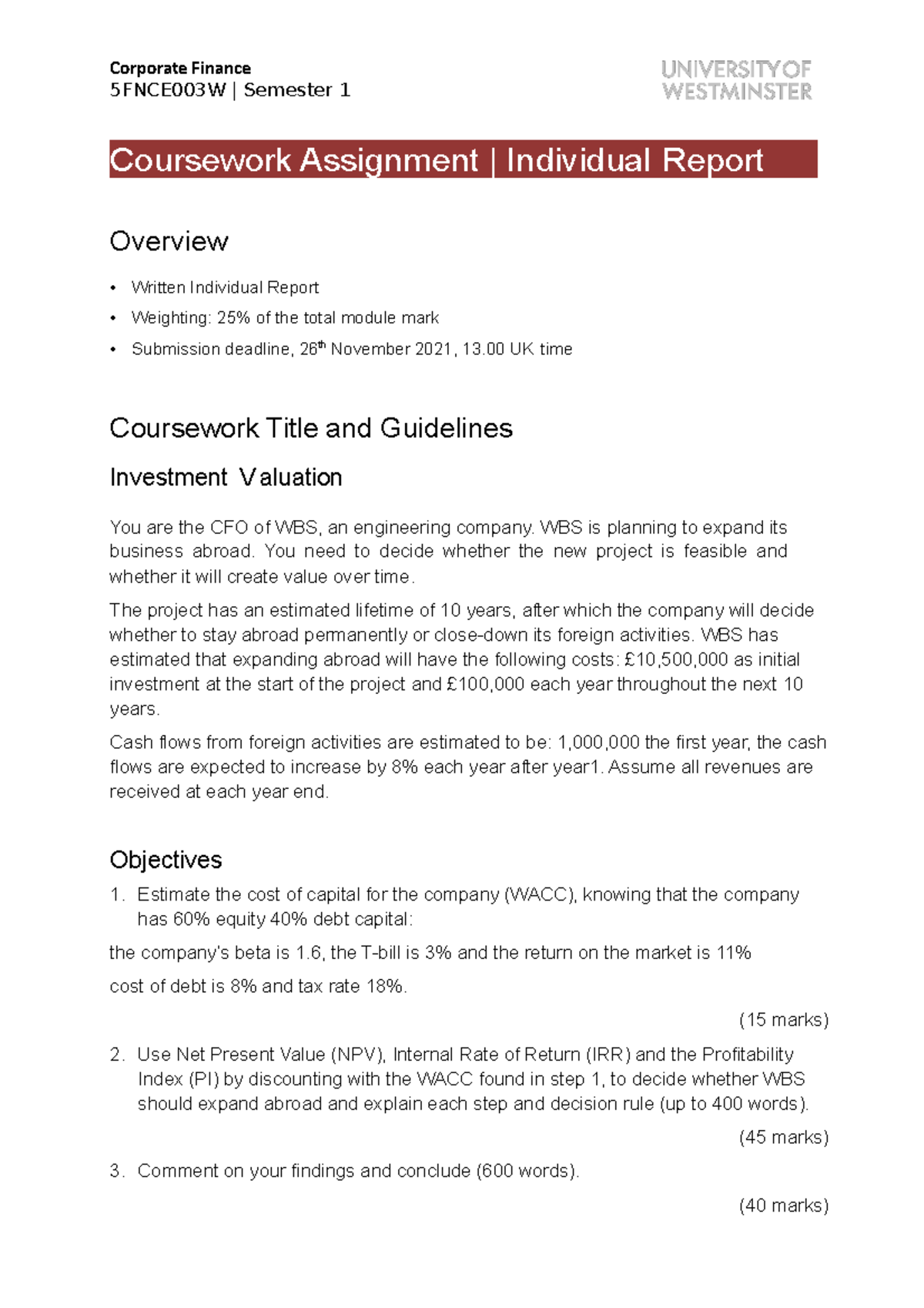 5FNCE003W Coursework 1 2021 - Coursework Assignment | Individual Report ...