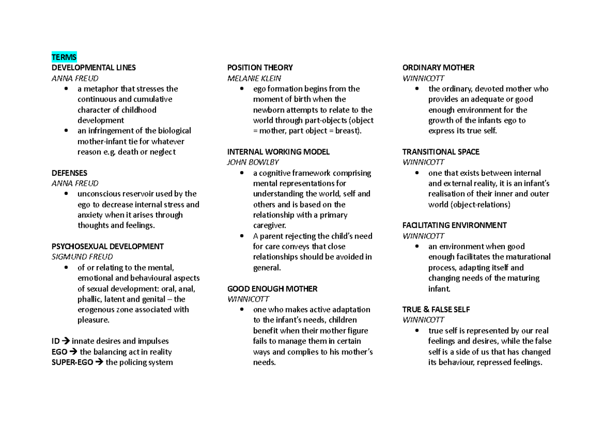 EXAM - Theory notes - TERMS DEVELOPMENTAL LINES ANNA FREUD a metaphor ...