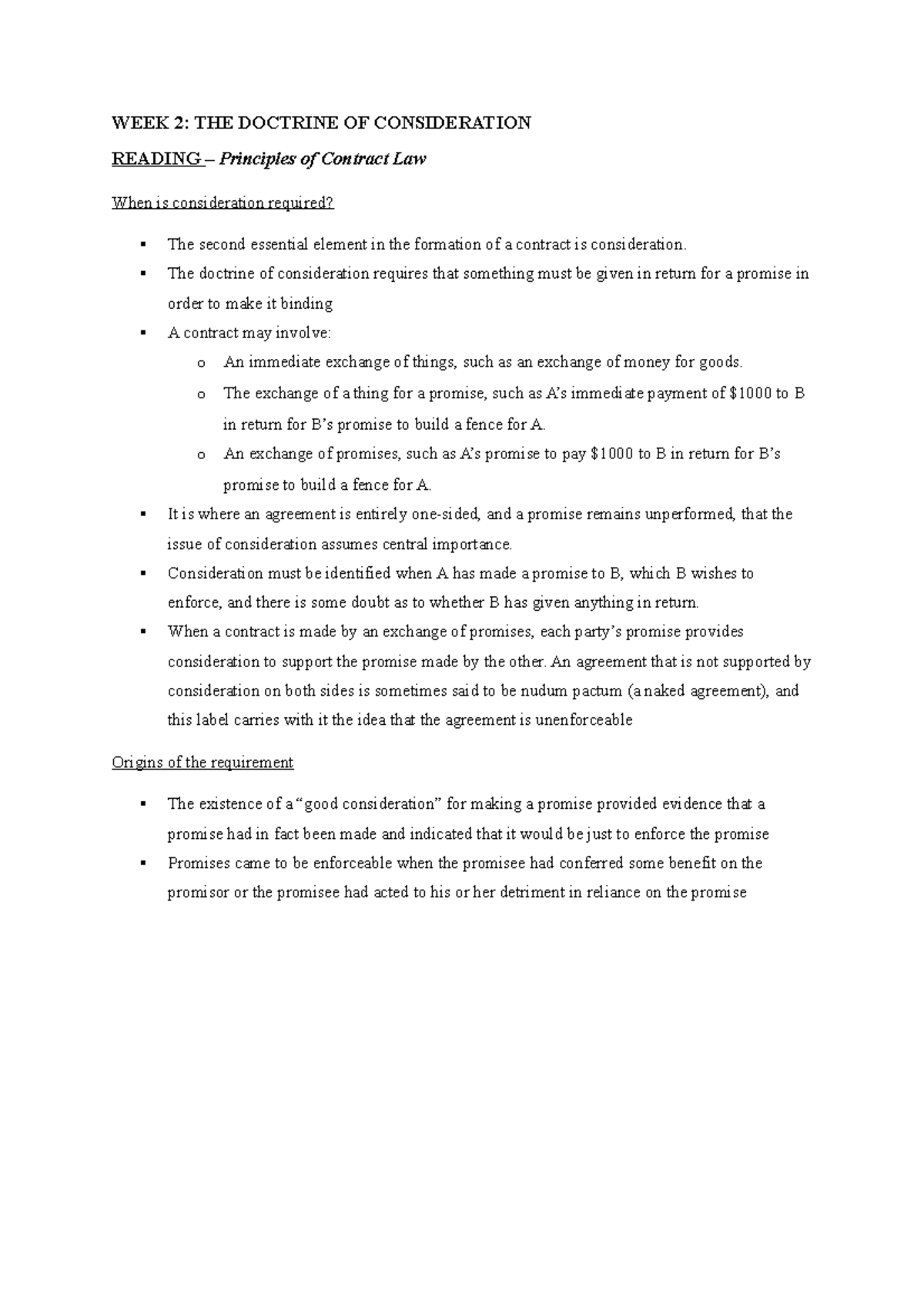 WEEK 2 - The Doctrine of Consideration - WEEK 2: THE DOCTRINE OF CONSIDERATION READING ...