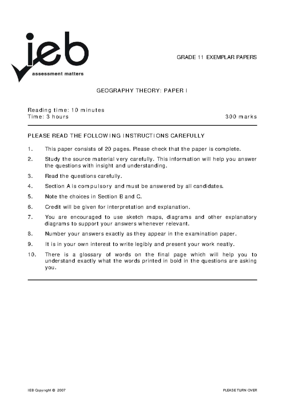 Ieb-gr11-geog-exam-b-p1- I EB Copyright © 2007 PLEASE TURN OVER GRADE ...