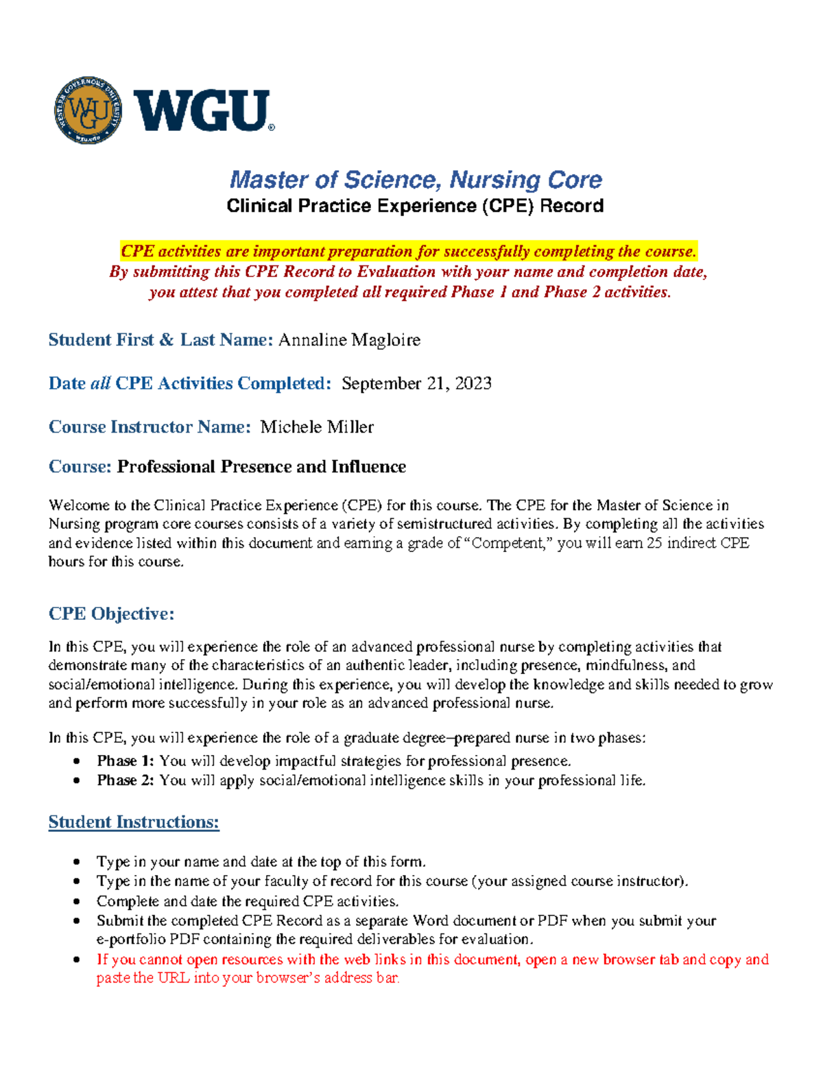 CPE Record new - Master of Science, Nursing Core Clinical Practice Experience (CPE) Record CPE ...