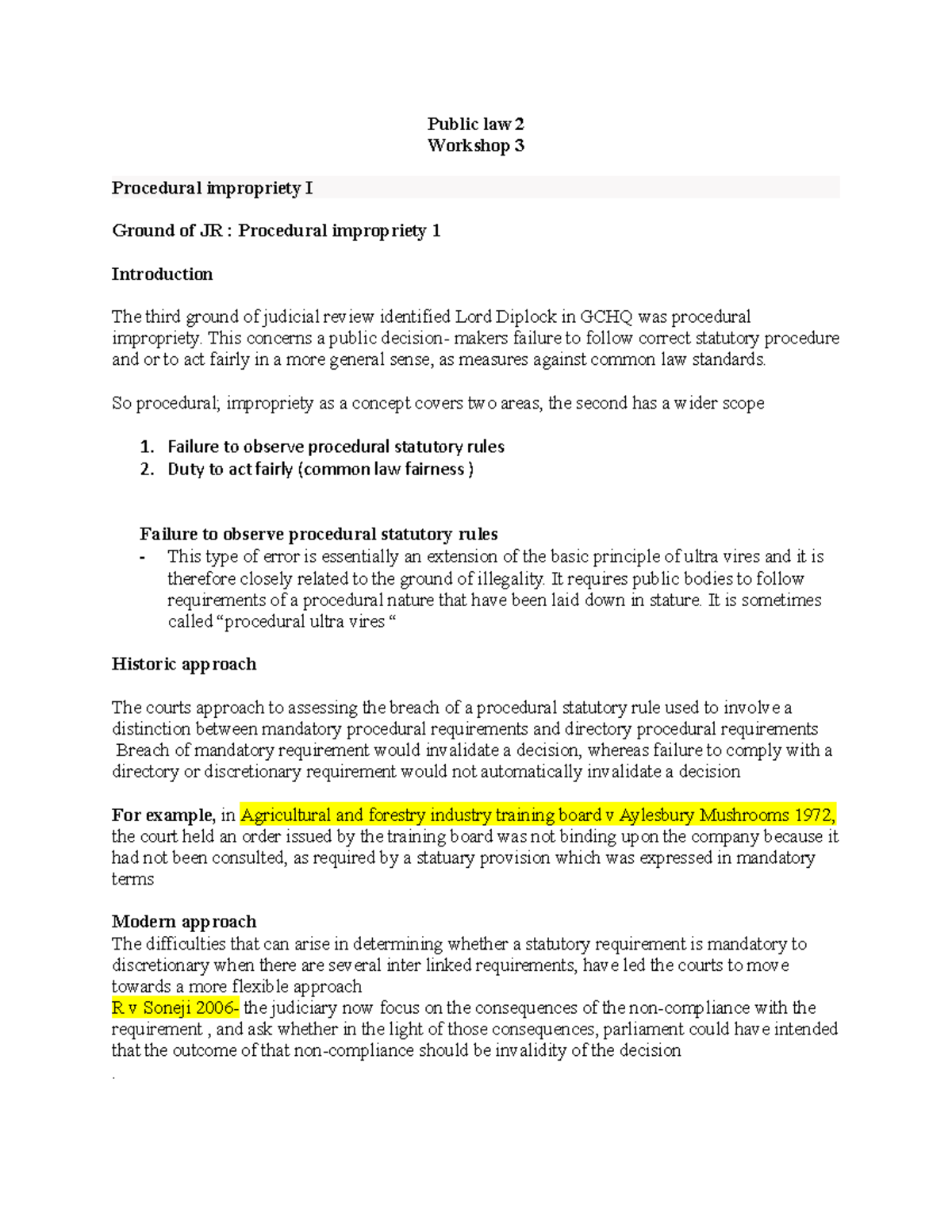 Public law 2- notes - Public law 2 Workshop 3 Procedural impropriety I ...