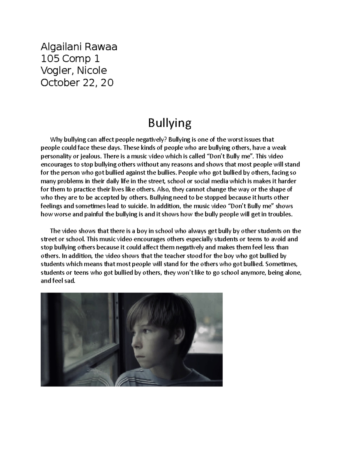 Bullying - Lecture notes w2w - Algailani Rawaa 105 Comp 1 Vogler ...