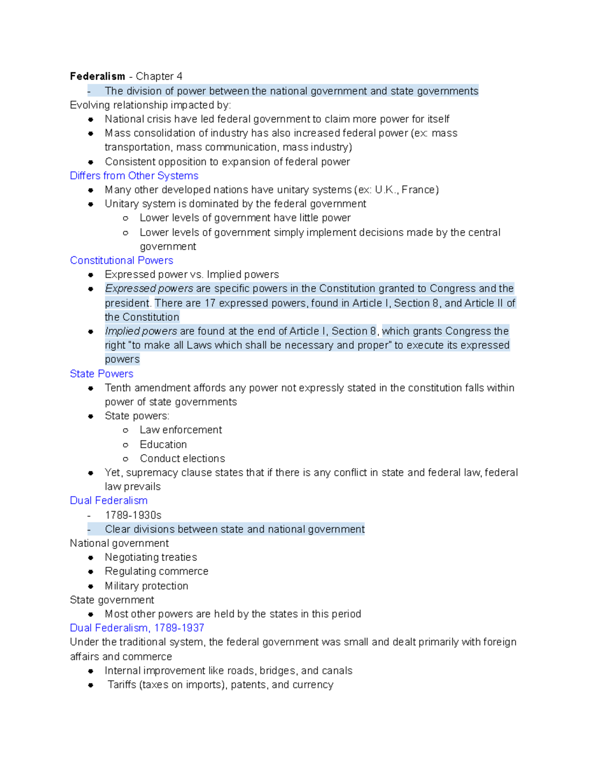 PSCI 2306 Ch 4 Notes - Federalism - Chapter 4 - The division of power ...