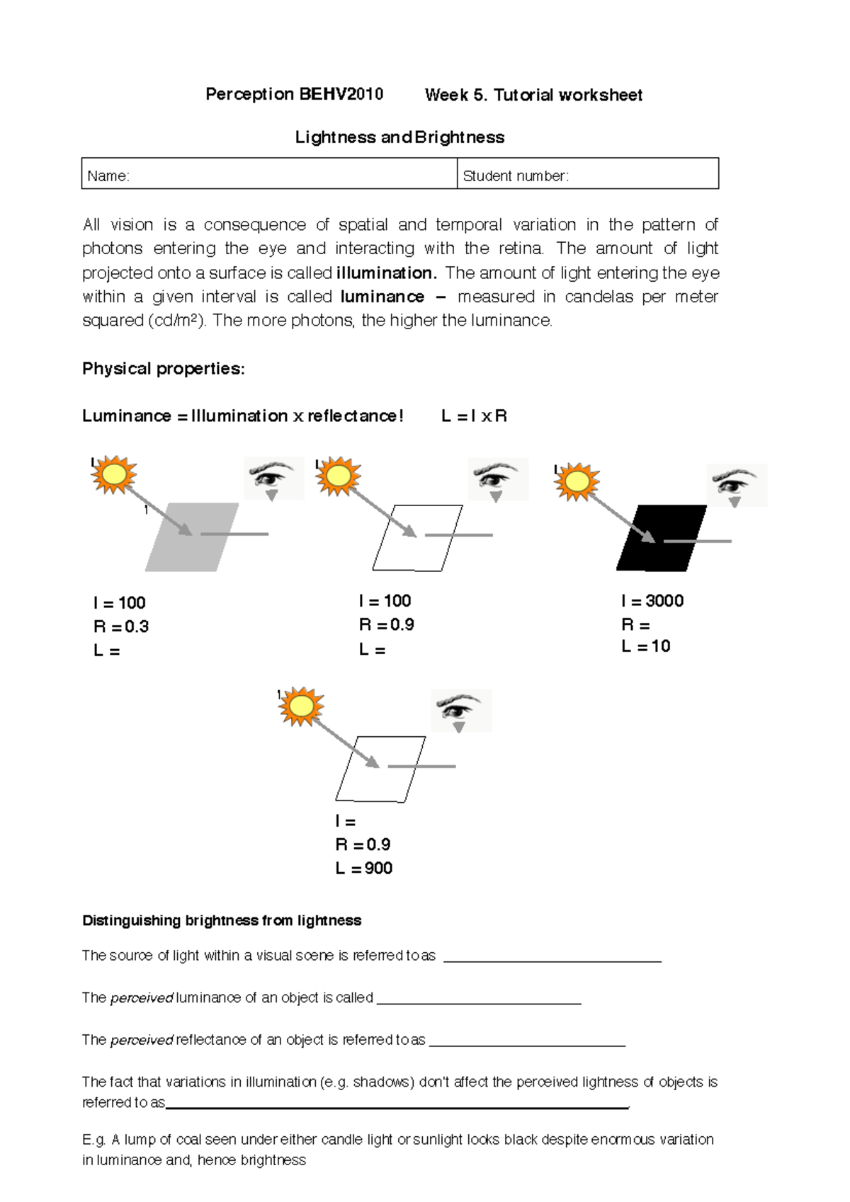 Week 5 worksheet - Name: Student number: Perception BEHV2010 Week 5 ...