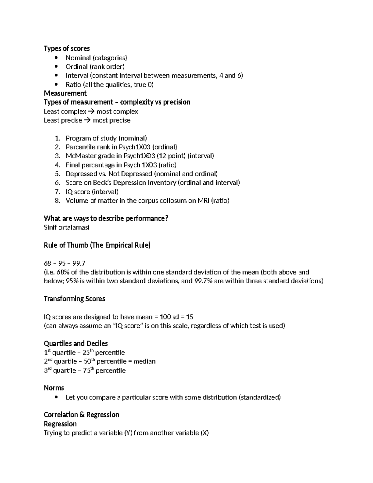 Psych 3MT3 Notes - Types of scores Nominal (categories) Ordinal (rank ...