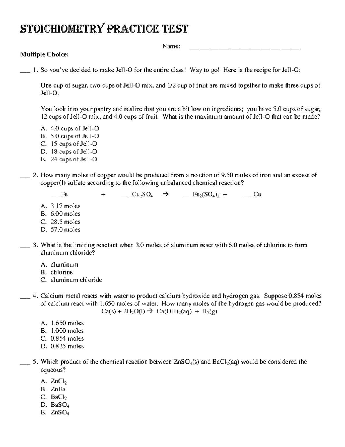 Practice Test-2015-Stoichiometry - Stoichiometry Practice teSt Name ...