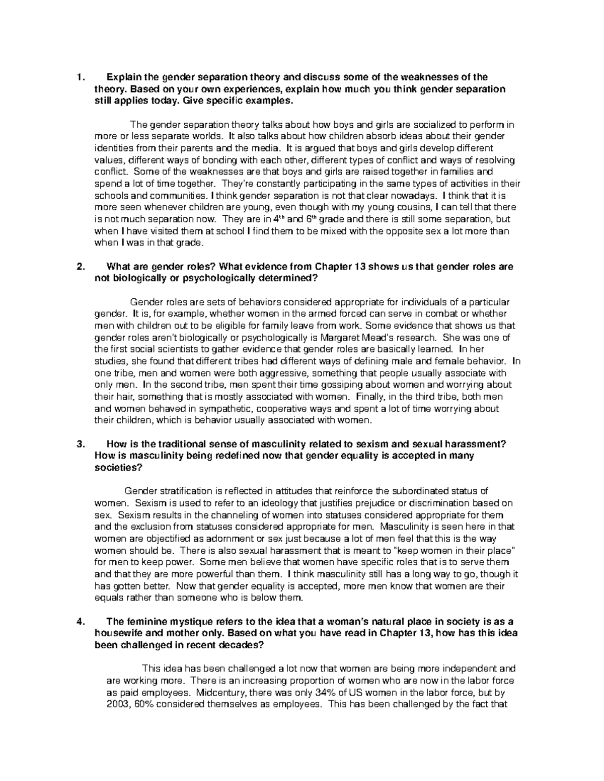 SOCL2001 1 - assignment - 1. Explain the gender separation theory and ...