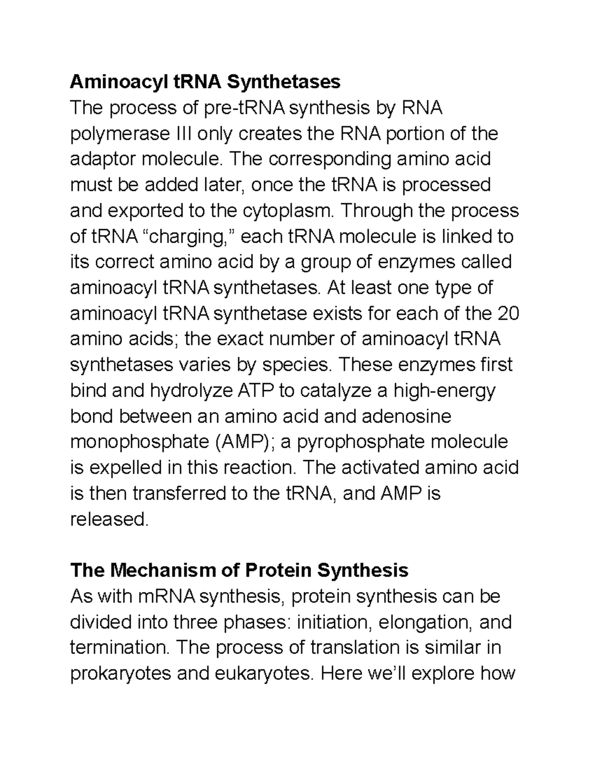 BIOL 1345 Module 13 RNA Ribosomes and Protein Synthesis - Aminoacyl ...