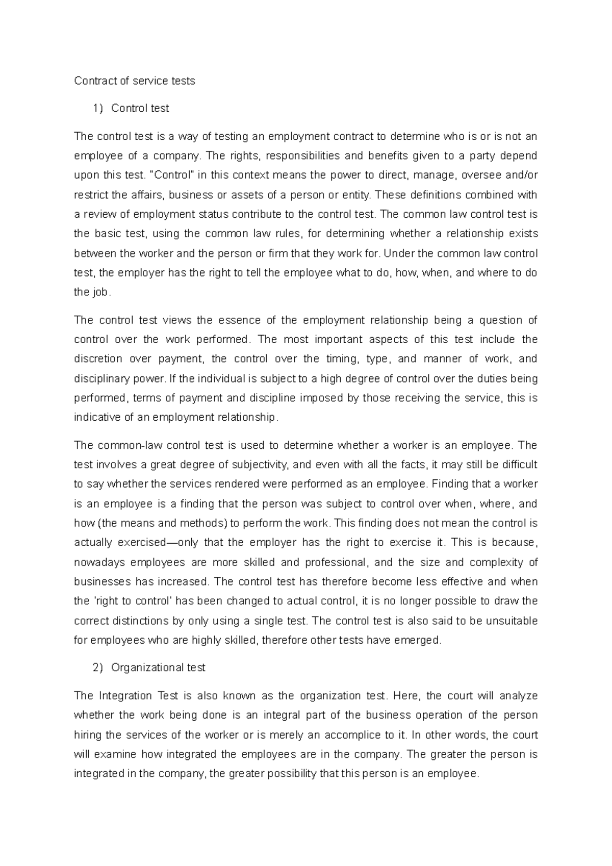 Contract of service tests - Contract of service tests Control test The ...