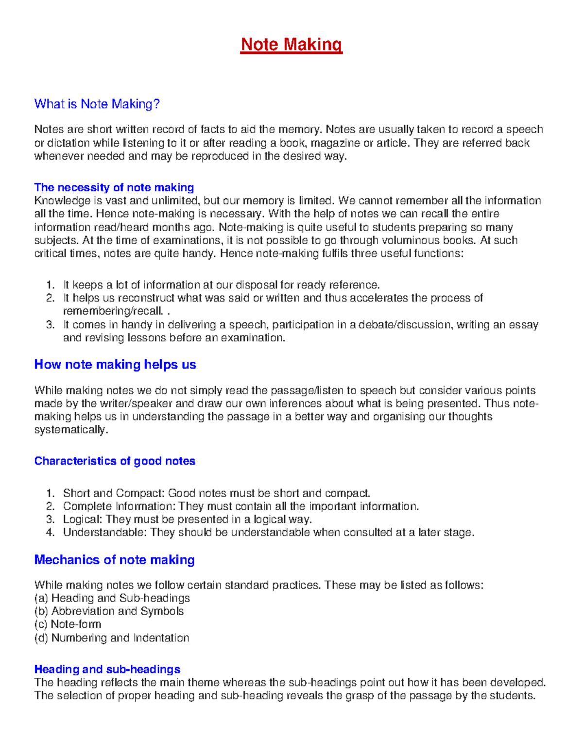 English-XI - Note Making concept This note makes the concept crystal ...