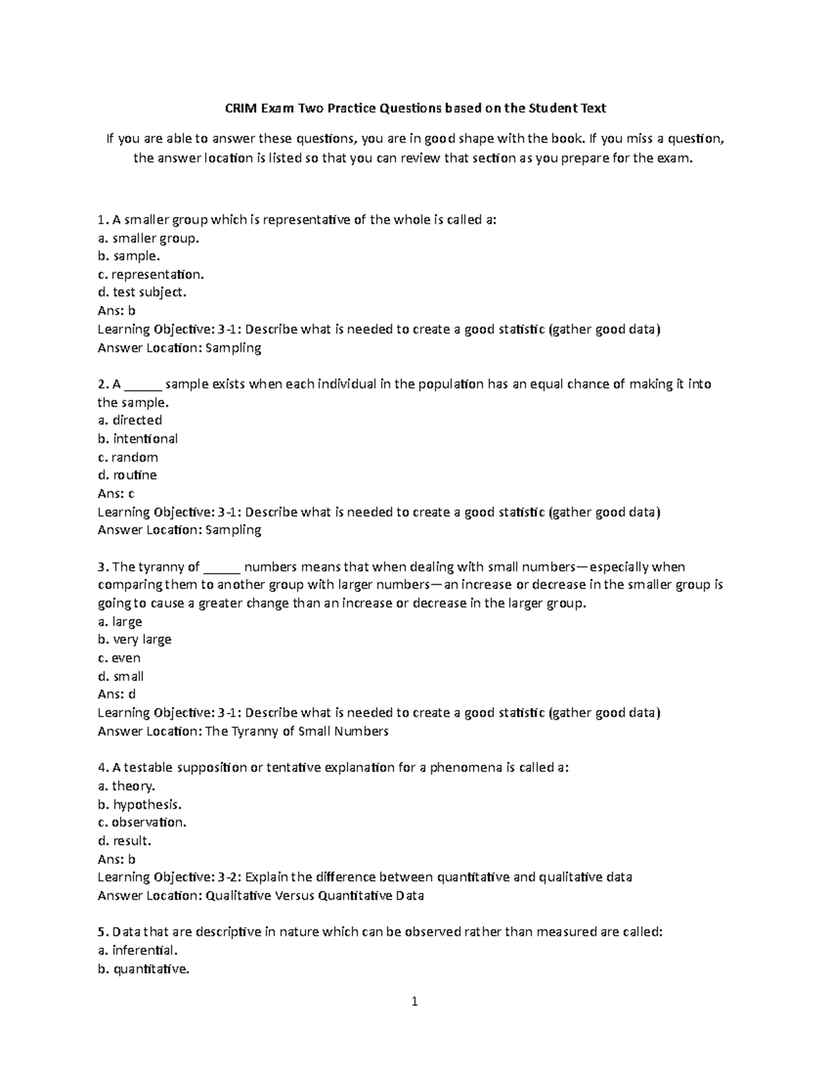 CRIM Exam Two Practice Questions - If you miss a question, the answer ...