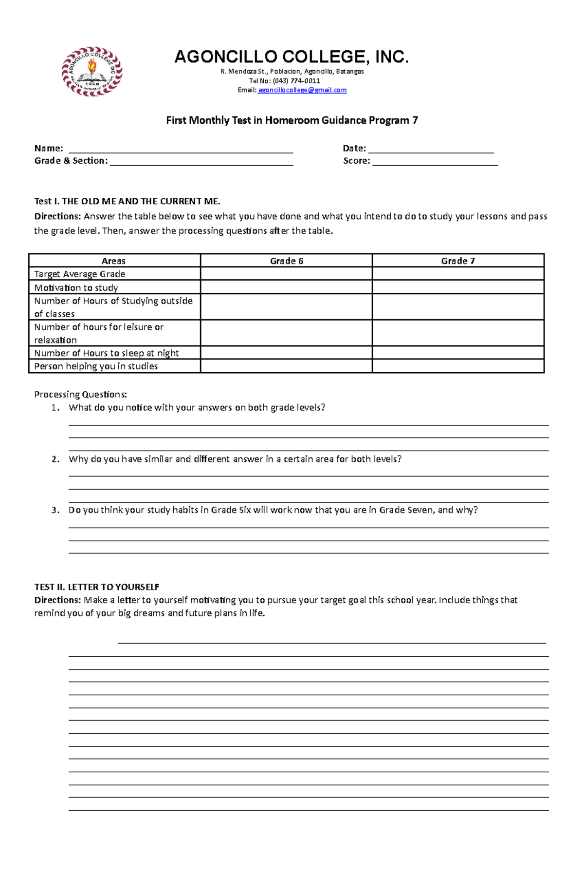 First Monthly Test in HGP 7 - AGONCILLO COLLEGE, INC. R. Mendoza St ...