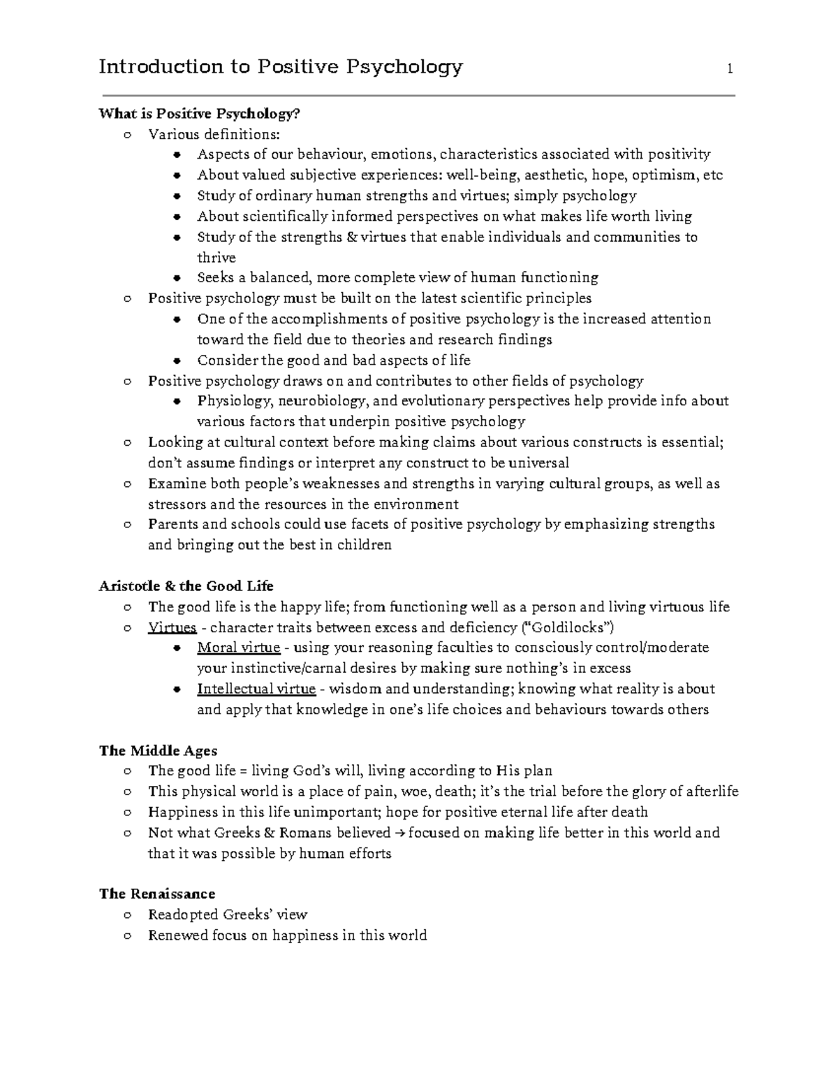 Introduction to Positive Psychology - Studocu