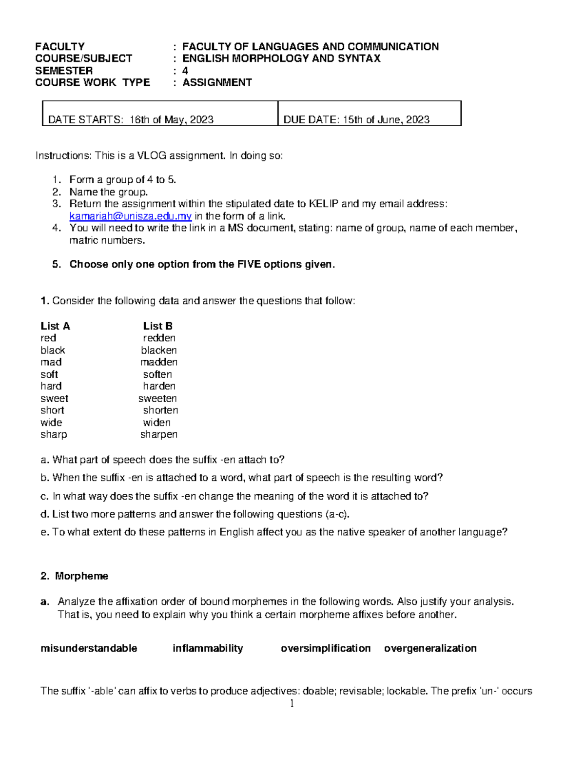 Assignment 1 English Morphology AND Syntax Revised - FACULTY : FACULTY OF LANGUAGES AND - Studocu