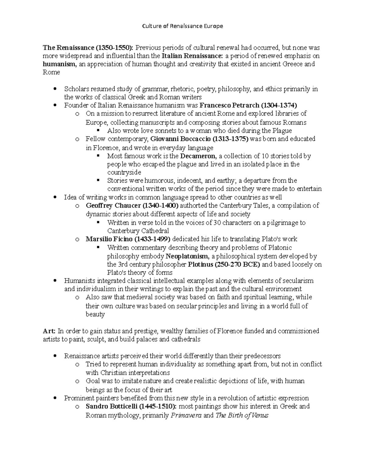 Culture of Renaissance Europe - Studocu