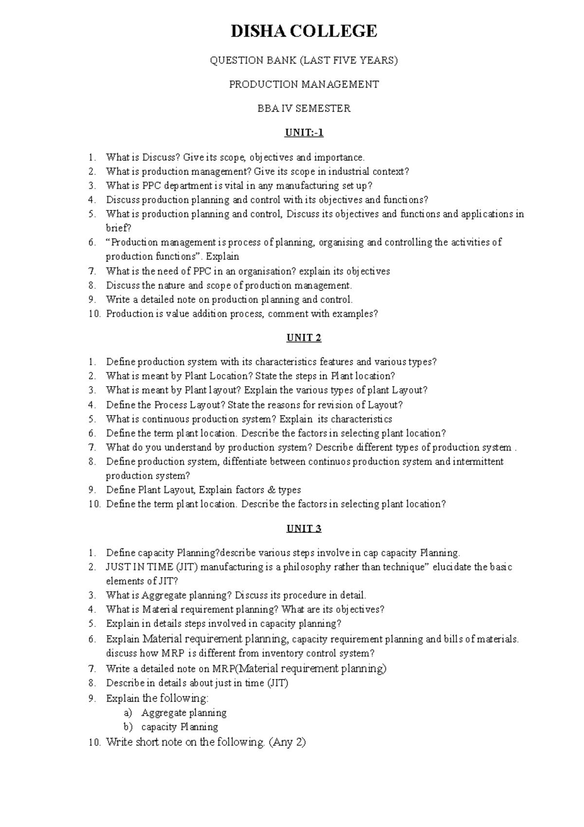 Production Management Question Bank - DISHA COLLEGE QUESTION BANK (LAST ...