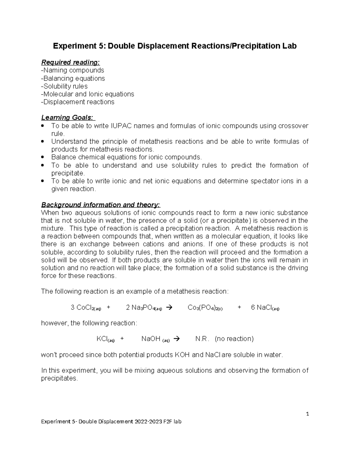 Experiment 5 (Done) - Experiment 5: Double Displacement Reactions ...
