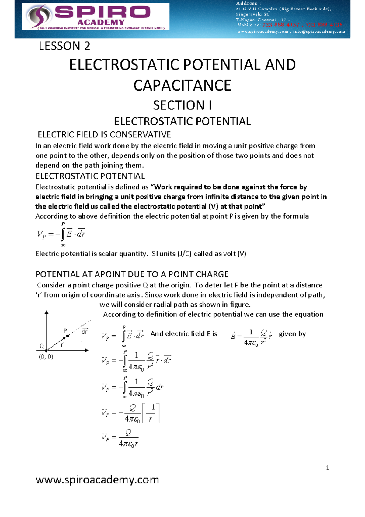 Electrostatic Potential and capacitance - 1 LESSON 2 ELECTROSTATIC POTENTIAL AND CAPACITANCE ...