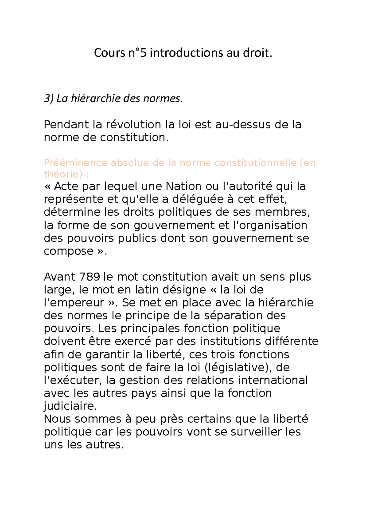 Introduction au droit La hiérarchie des normes - Cours n°5 introductions au droit. 3) La ...