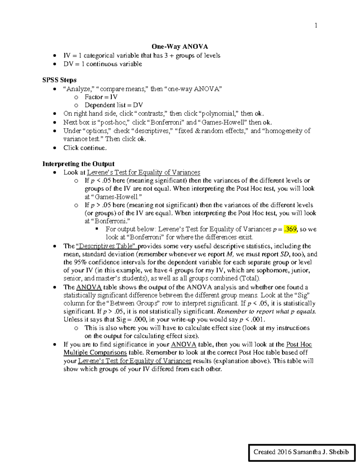 Oneway Anova write up - One-Way ANOVA IV = 1 categorical variable that ...
