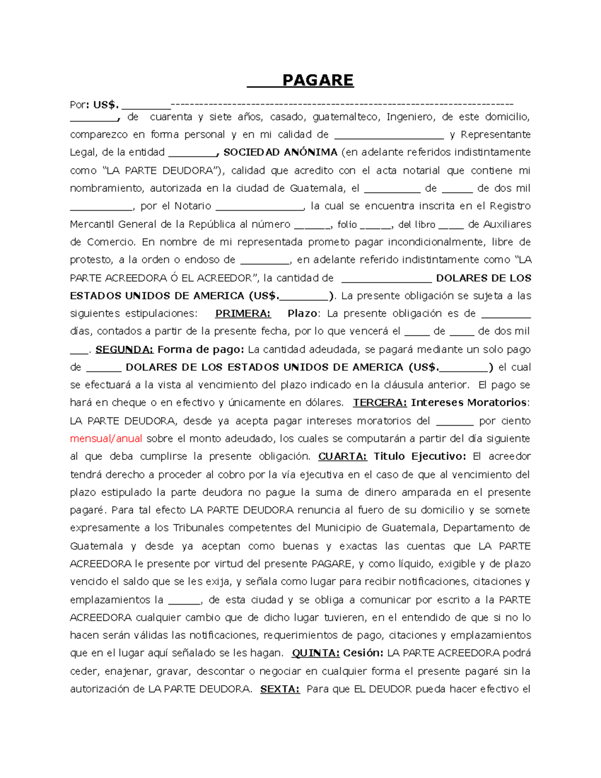 2019 Modelo DE Pagare - PAGARE Por: US$. _______- _______, de cuarenta ...