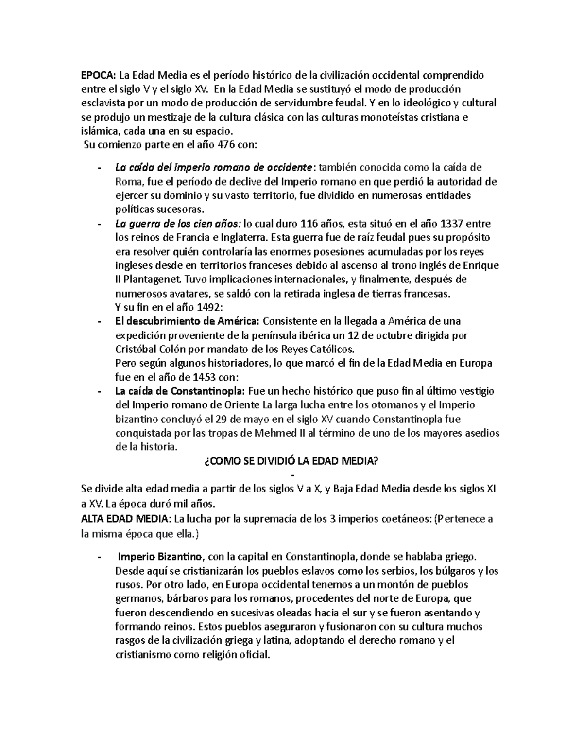 Resumen - Edad media. Contexto histórico - EPOCA: La Edad Media es el ...