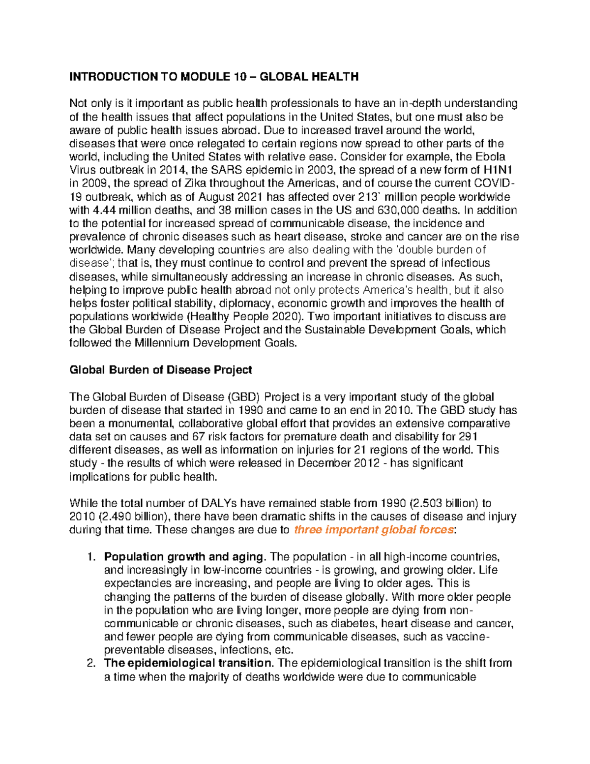 Introduction to Module 10 - INTRODUCTION TO MODULE 10 – GLOBAL HEALTH ...