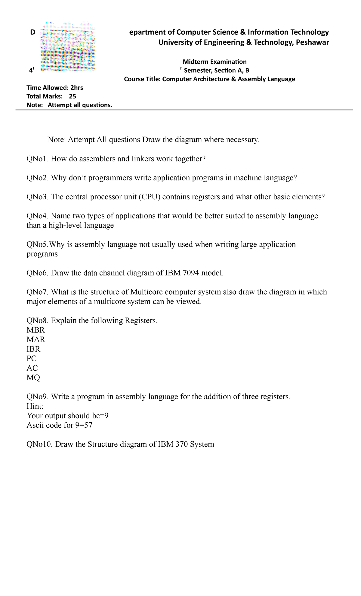 Assembly language MID term Exam - D epartment of Computer Science & Information Technology - Studocu