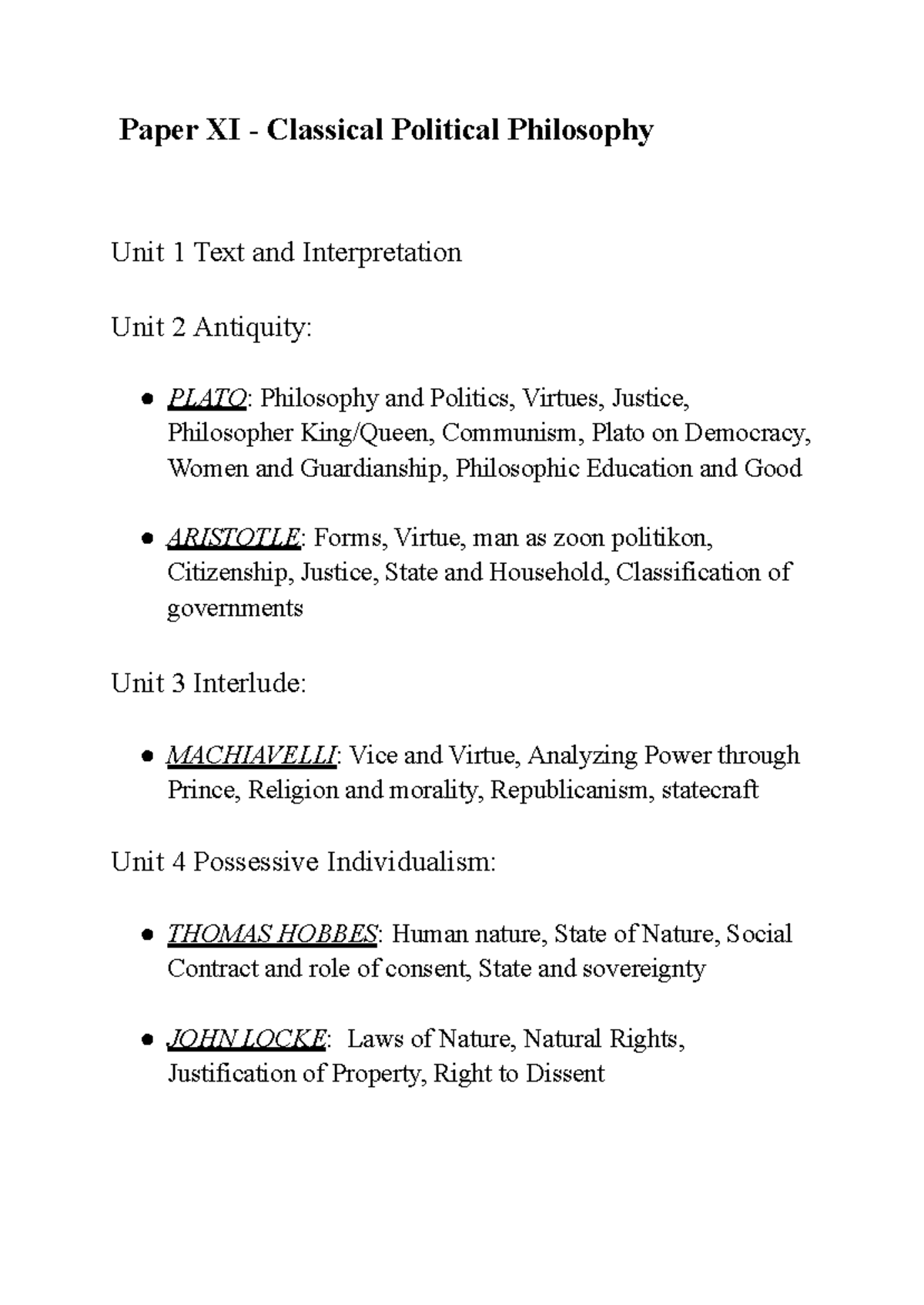 Sem 5 syllabus - Paper XI - Classical Political Philosophy Unit 1 Text ...