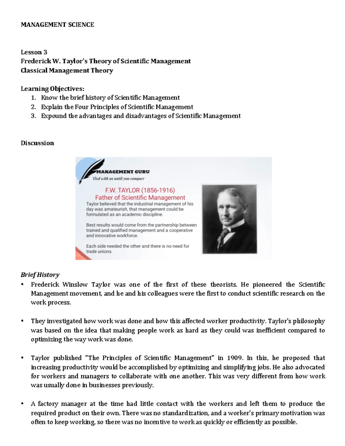 Number three taylor management science - MANAGEMENT SCIENCE Lesson 3 ...