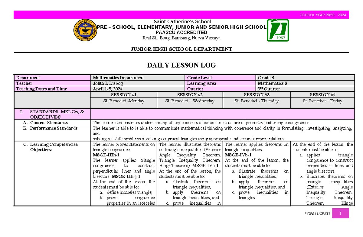 Math 8 Daily Lesson Log - Saint Catherine’s School PRE – SCHOOL ...