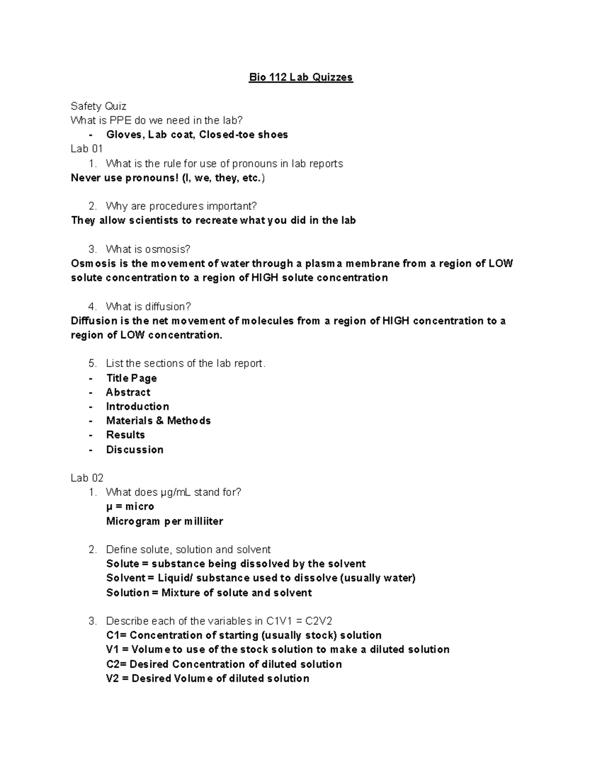 Bio 112 Lab Quizzes-1 - Cell And Molecular Biology Lab - Bio 112 Lab Quizzes Safety Quiz What is ...