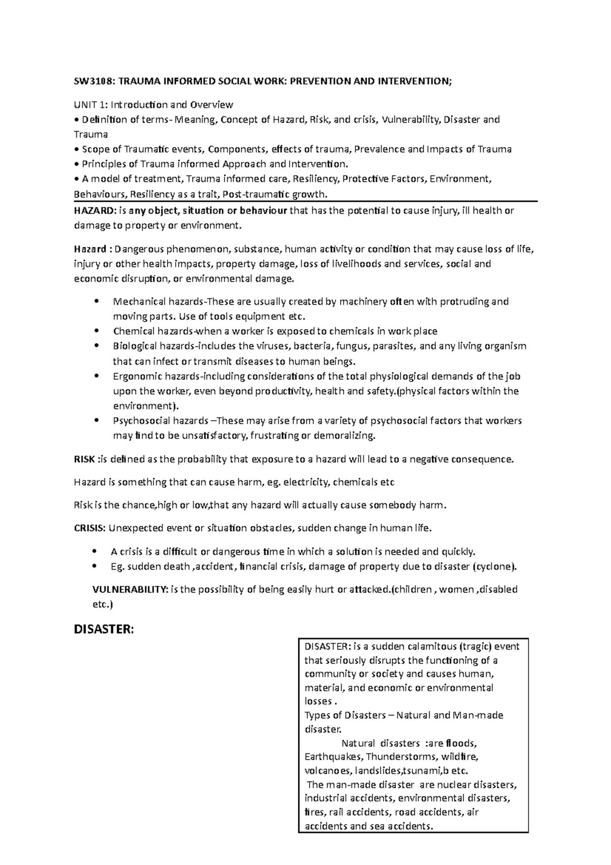 Unit 1-SW3108 - SW3108: TRAUMA INFORMED SOCIAL WORK: PREVENTION AND ...