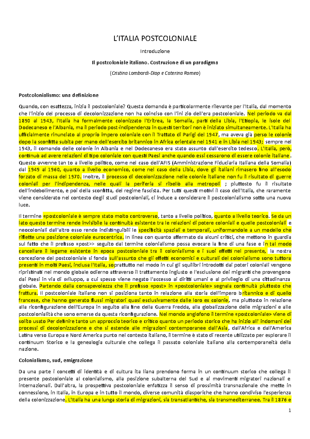 L'Italia Postcoloniale ad oggi - L’ITALIA POSTCOLONIALE Introduzione Il postcoloniale italiano ...