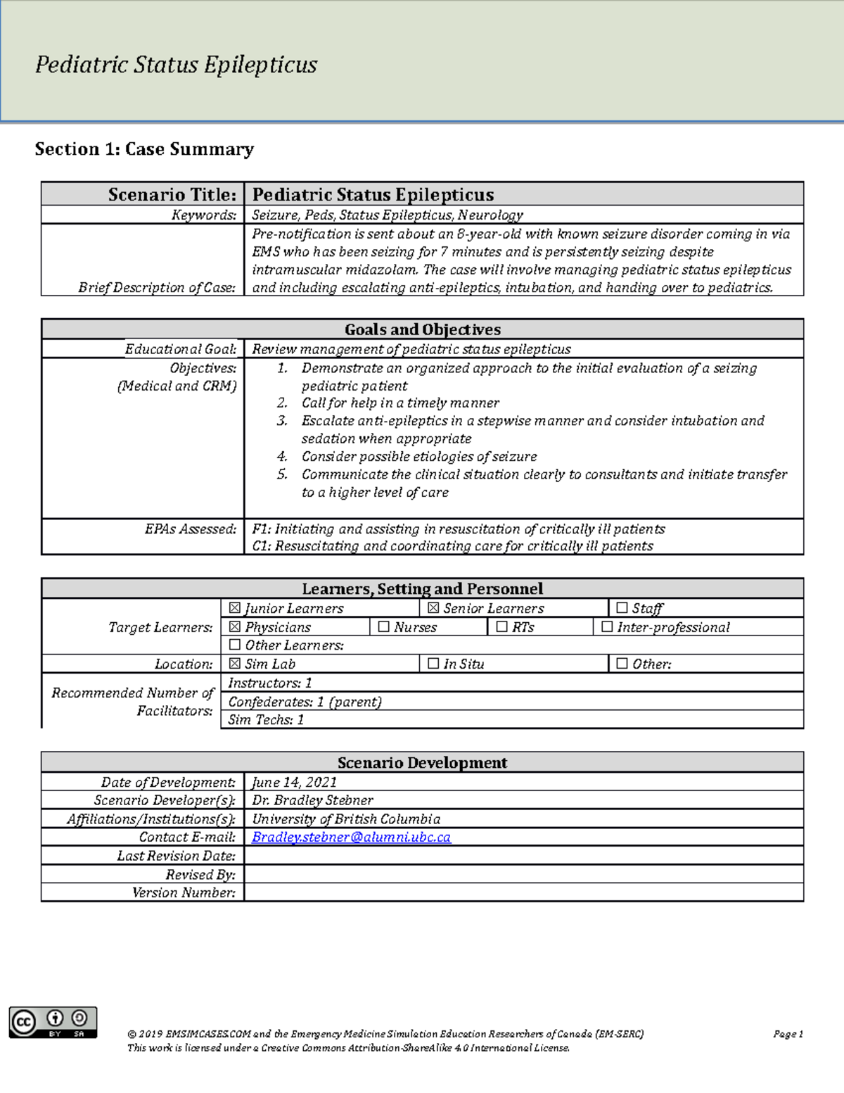 Peds status epilepticus 1 - Section 1: Case Summary Scenario Title ...