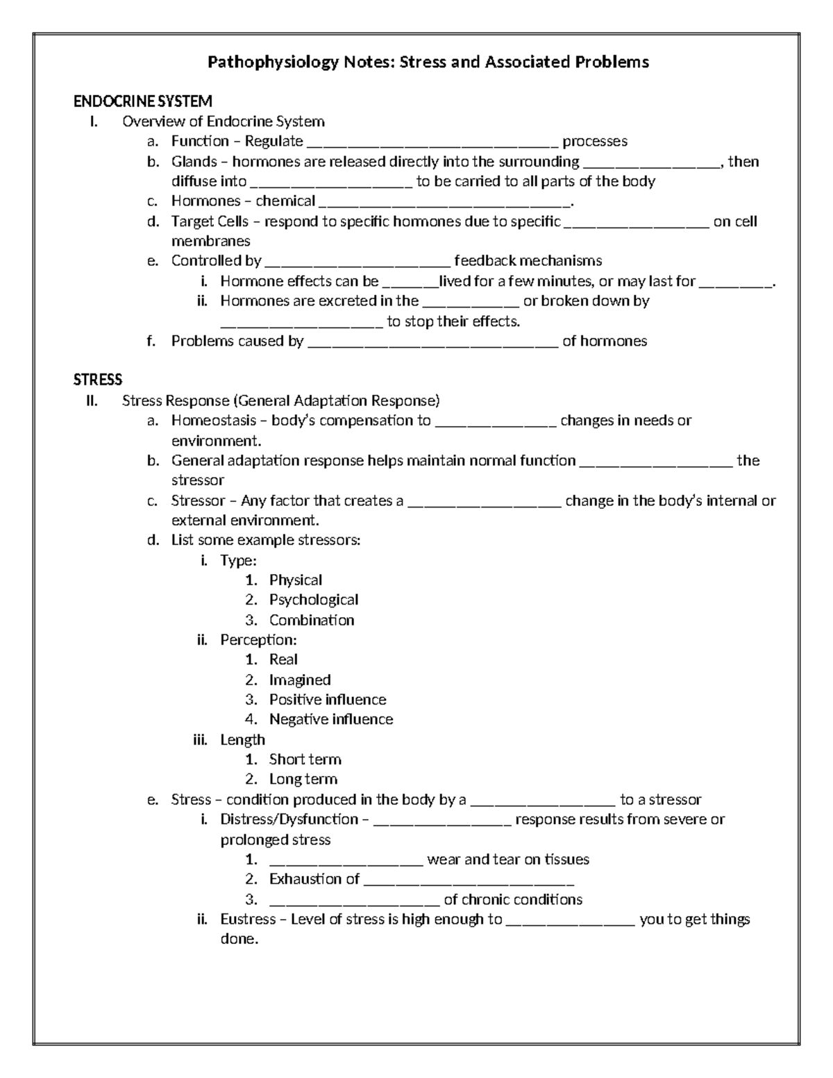 Notes - Stress and Associated Problems - Pathophysiology Notes: Stress ...